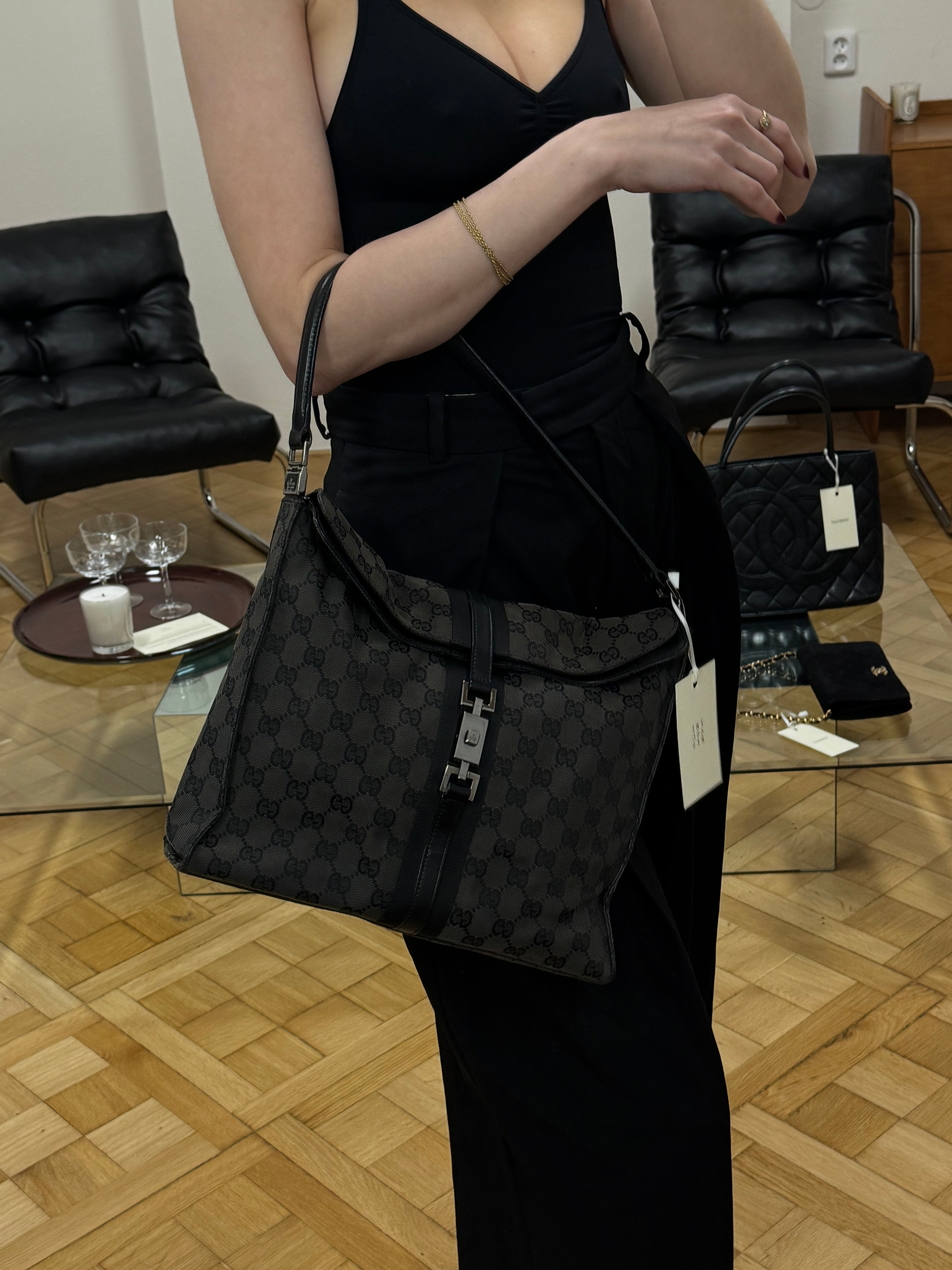 GUCCI JACKIE SHOULDER BAG BLACK GG MONOGRAM – Treasures Prague